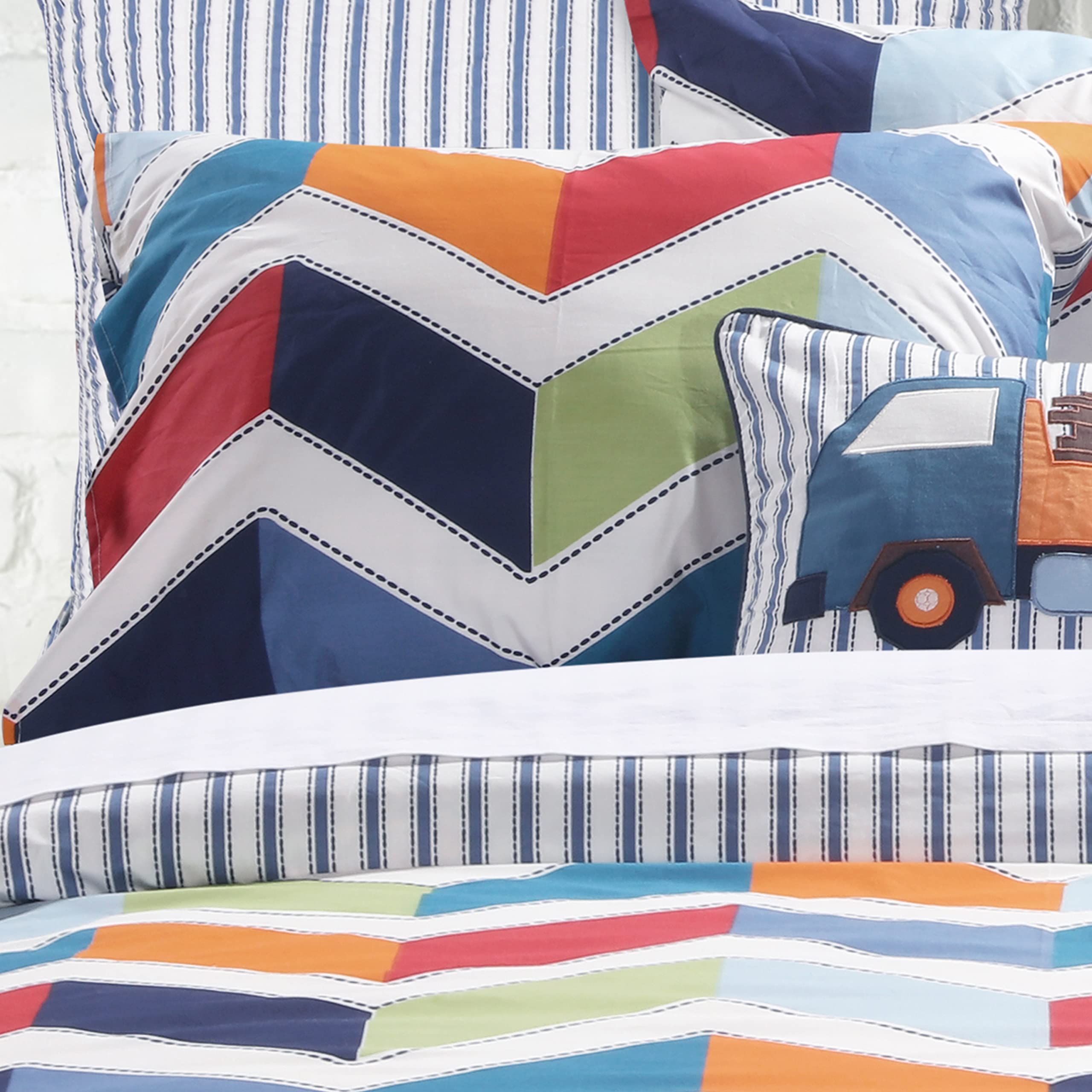 Levtex Home - Dominik Duvet Cover Set - Full/Queen Duvet Cover + Two Standard Pillow Cases - Striped - Red, Green, Blue, Orange - Duvet Cover (90 x 94in.) and Pillow Case (26 x 20in.) - Cotton