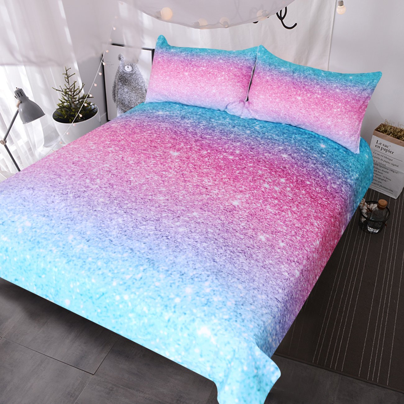 BlessLiving Colorful Glitter Mermaid Bedding Girly Turquoise Blue Pink Purple Bedding Twin Set Pastel Kids Duvet Cover 3 Pieces Trendy Bed Spreads Rainbow Comforter Cover Set for Teen Girl