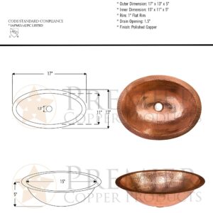 Premier Copper Products LO17FPC 17-Inch Oval Under Counter Hammered Copper Bathroom Sink in Polished Copper