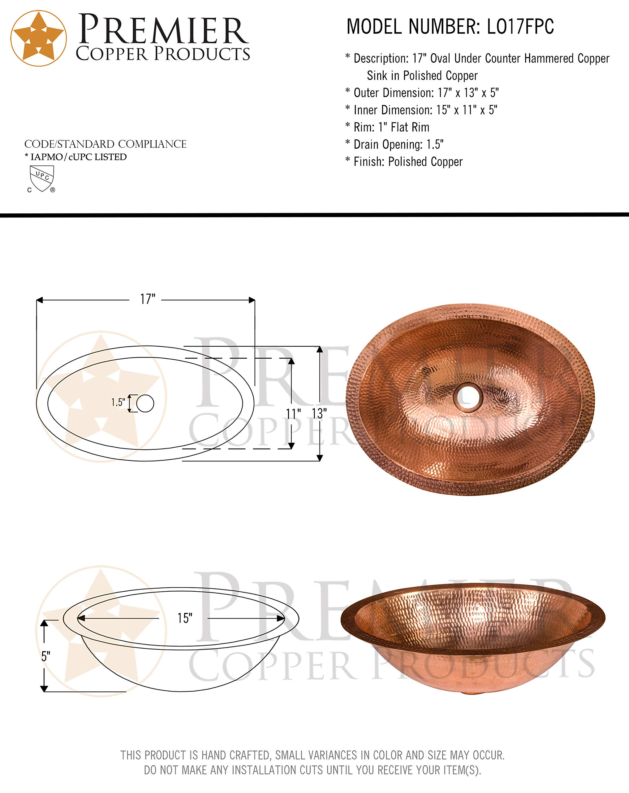 Premier Copper Products LO17FPC 17-Inch Oval Under Counter Hammered Copper Bathroom Sink in Polished Copper