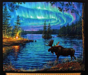 35" x 44" panel moose northern lights northwoods landscape campfire aurora borealis camping lake nature scenic cotton fabric panel (d762.46)