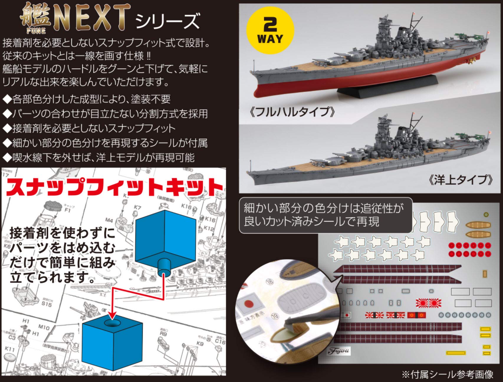 Fujimi Model 1/700 Ship Next Series No.1 Japanese Navy Battleship Yamato (New Exhibition Base Specification), Color Coded, Plastic Model Ship NX1