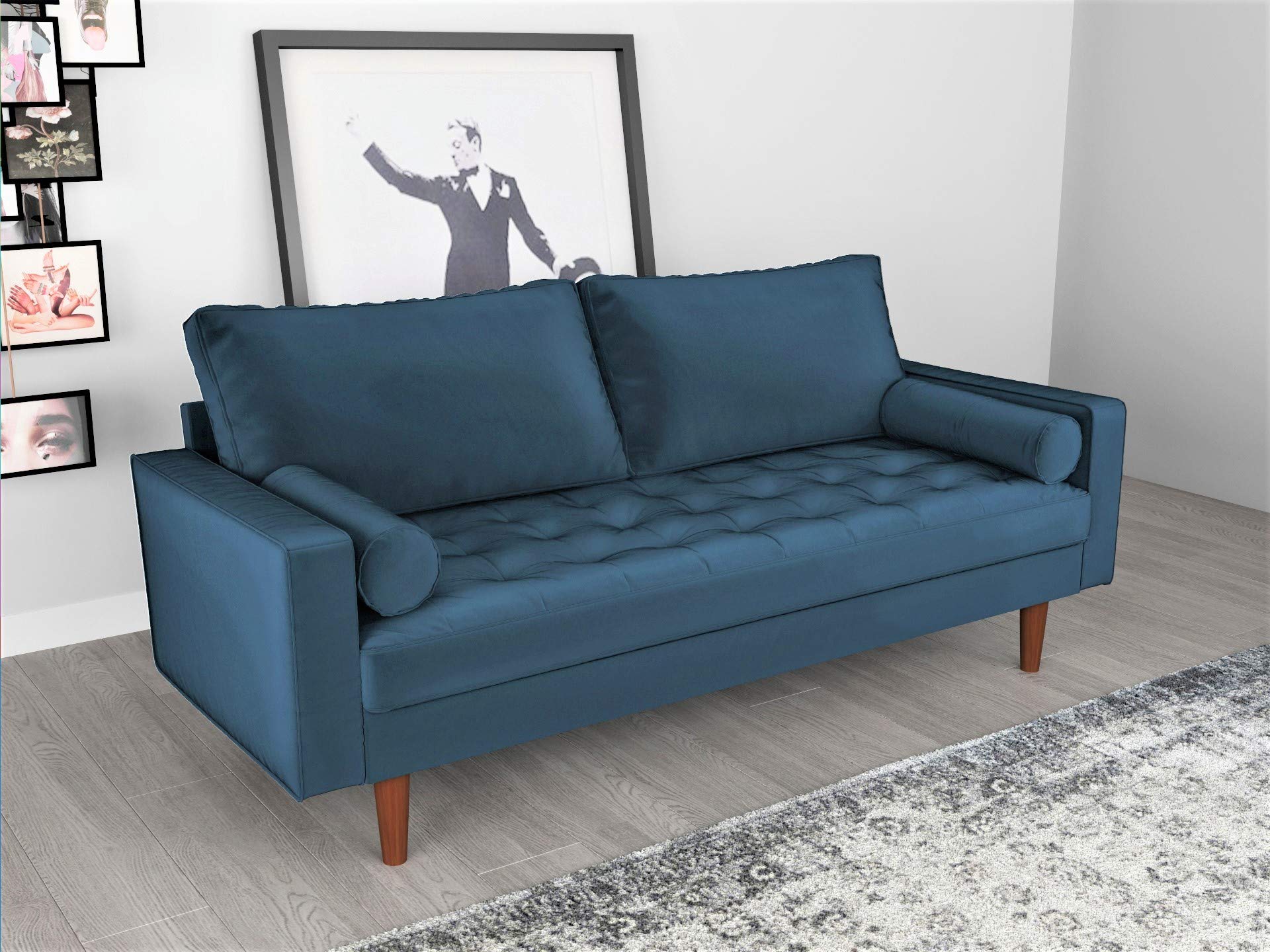 Container Furniture Direct S5456 Mid Century Modern Velvet Upholstered Tufted Living Room Sofa, 69.68", Prussian Blue