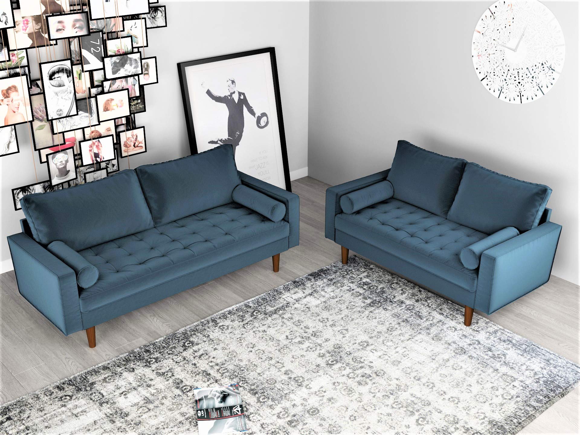 Container Furniture Direct S5456 Mid Century Modern Velvet Upholstered Tufted Living Room Sofa, 69.68", Prussian Blue