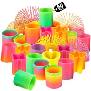 bedwina rainbow spring toy assortment - (pack of 50) mini plastic coil spring toy | bright colors and shapes, goody bag filler, party prizes and stocking stuffers for kids