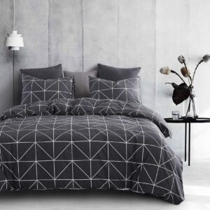 Wake In Cloud - Dark Gray Duvet Cover Set, 100% Cotton Bedding, Grey with White Geometric Pattern Printed, Zipper Closure (3pcs, Full Size)