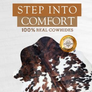 Sunshine Cowhides 100% Genuine Tricolor Spotted Cowhide Rug - Modern Style Animal Skin Rug & Floor Carpet for Living Room, Bedroom, Kitchen & More - Large (6x6-7ft)