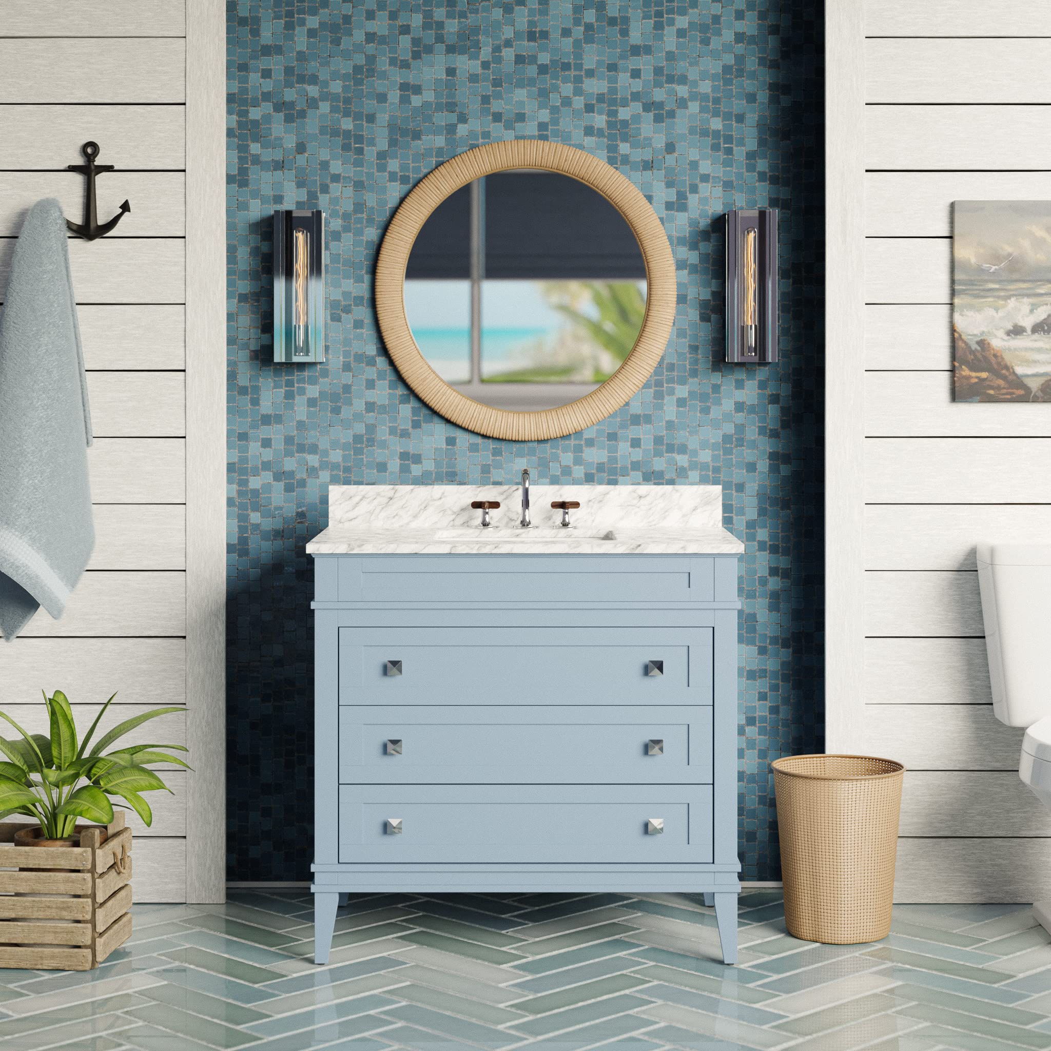 Eleanor 36-inch Bathroom Vanity (Carrara/Powder Blue): Includes Powder Blue Cabinet with Authentic Italian Carrara Marble Countertop and White Ceramic Sink