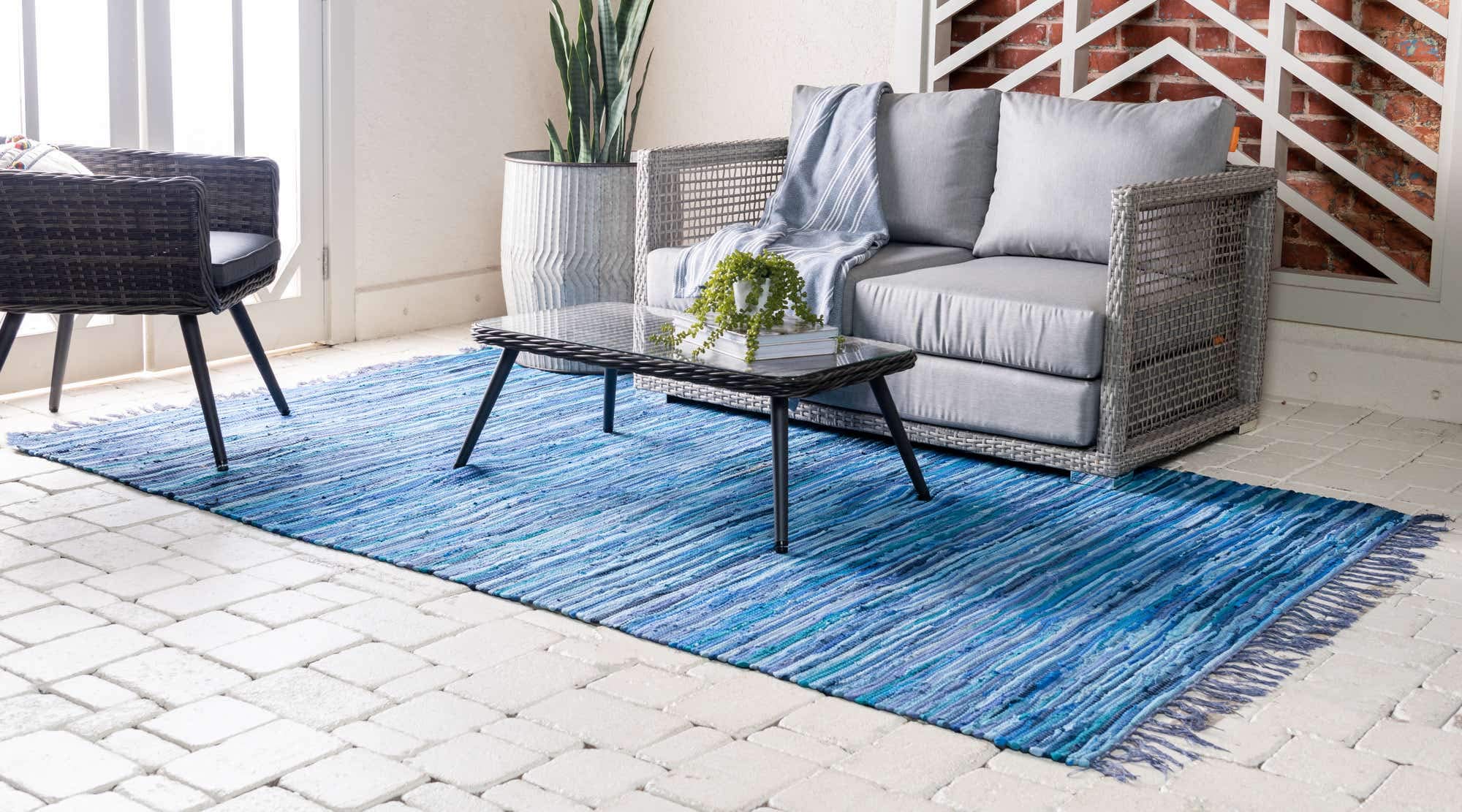 Unique Loom Chindi Cotton Collection Soft Hand Woven Natural Fiber Striped Area Rug, 2 ft 2 in x 3 ft, Navy Blue/Ivory