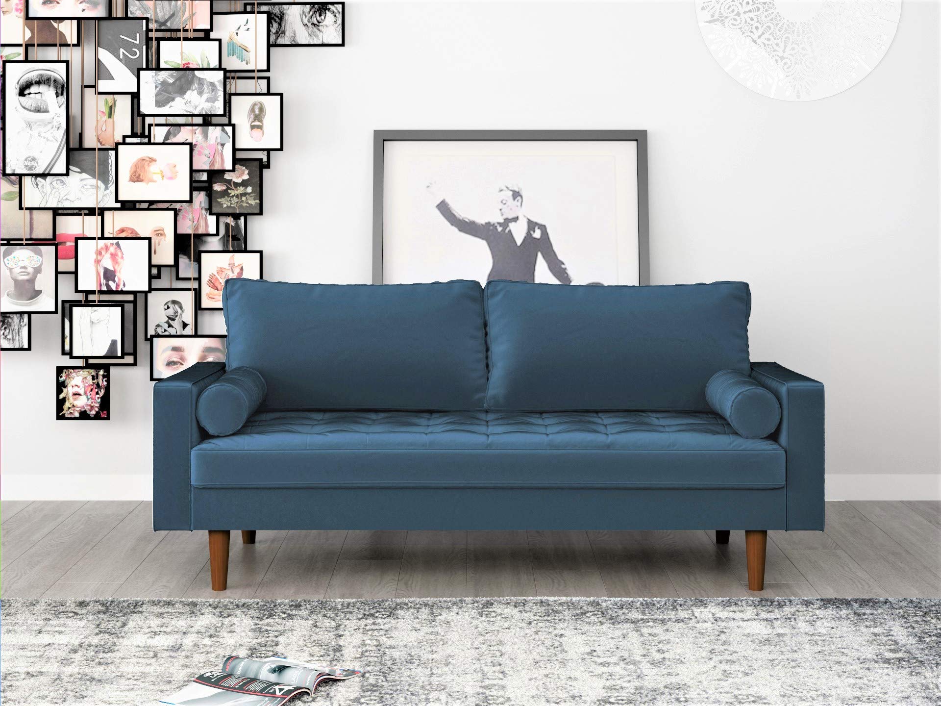 Container Furniture Direct S5456 Mid Century Modern Velvet Upholstered Tufted Living Room Sofa, 69.68", Prussian Blue