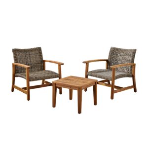 gdfstudiooutdoor 3 piece wood and wicker club chairs and side table set, gray