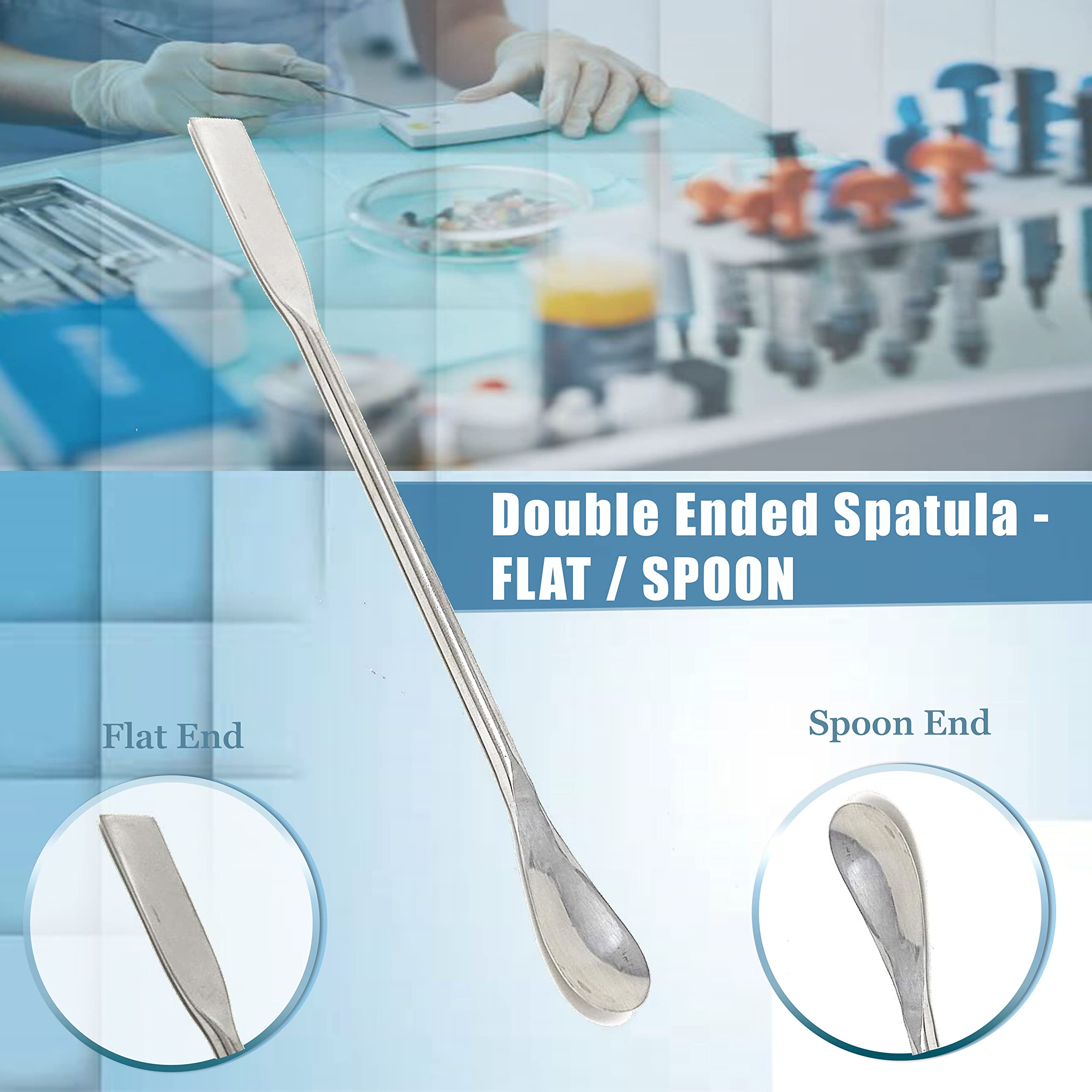 A2Z-DE001 Stainless Steel Double Ended Micro Lab Spatula Sampler, Square & Flat Spoon End, 7" Length