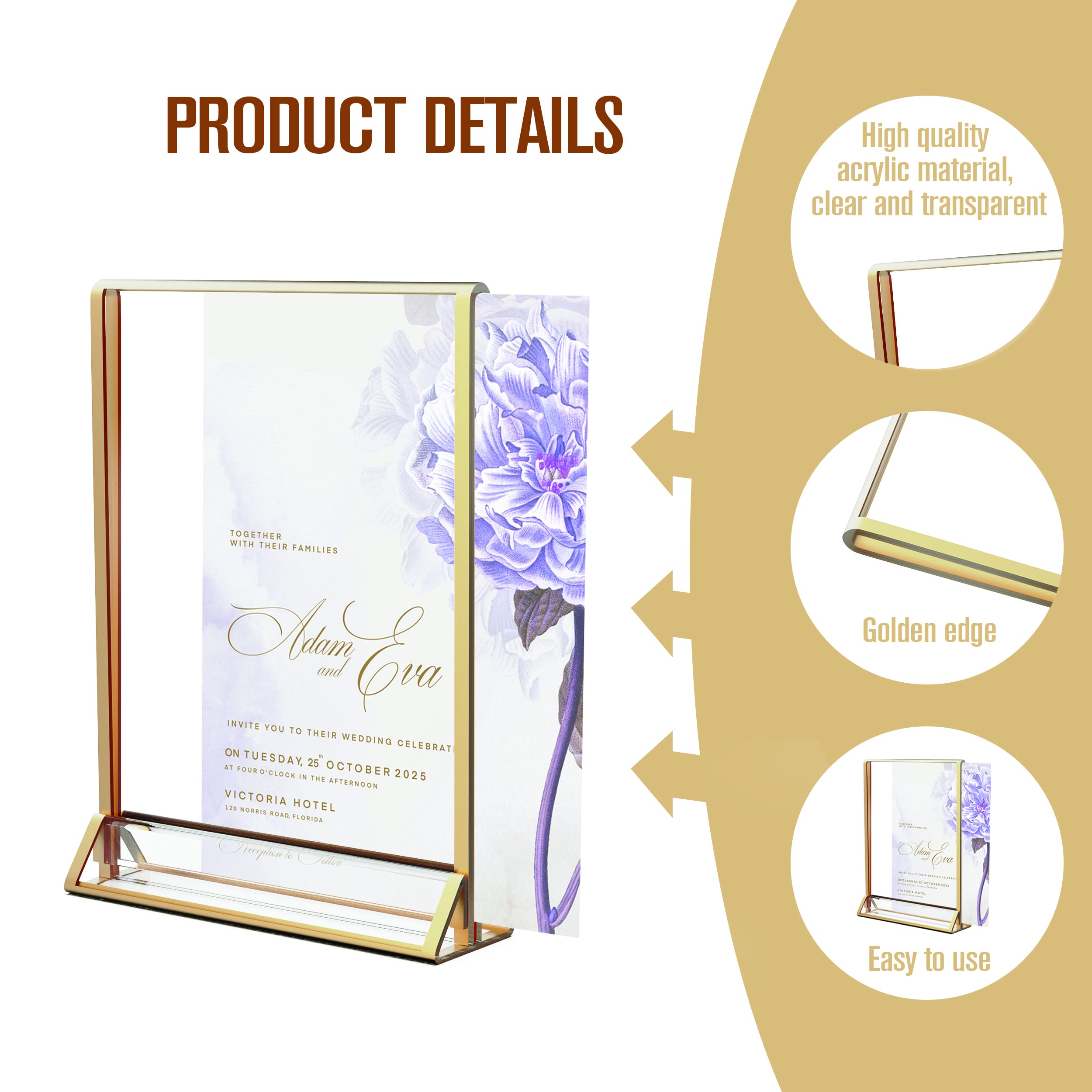 Acrylic Sign Holder 5x7, Wedding Table Numbers, Gold Picture Frame, Sign Holders, 5" x 7", 6 Pack, 2 Sided Frames, Lucite, Menu Holder Display, Vertical Photo Stand for Centerpieces, Card, Flyer, Art