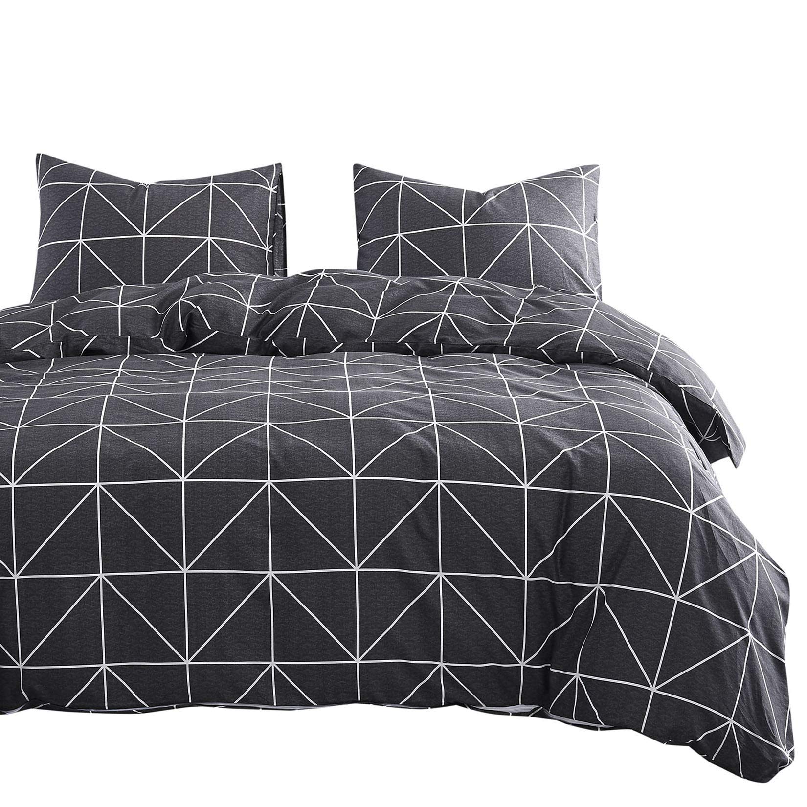 Wake In Cloud - Dark Gray Duvet Cover Set, 100% Cotton Bedding, Grey with White Geometric Pattern Printed, Zipper Closure (3pcs, Full Size)