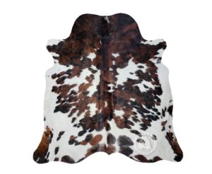 sunshine cowhides 100% genuine tricolor spotted cowhide rug - modern style animal skin rug & floor carpet for living room, bedroom, kitchen & more - large (6x6-7ft)