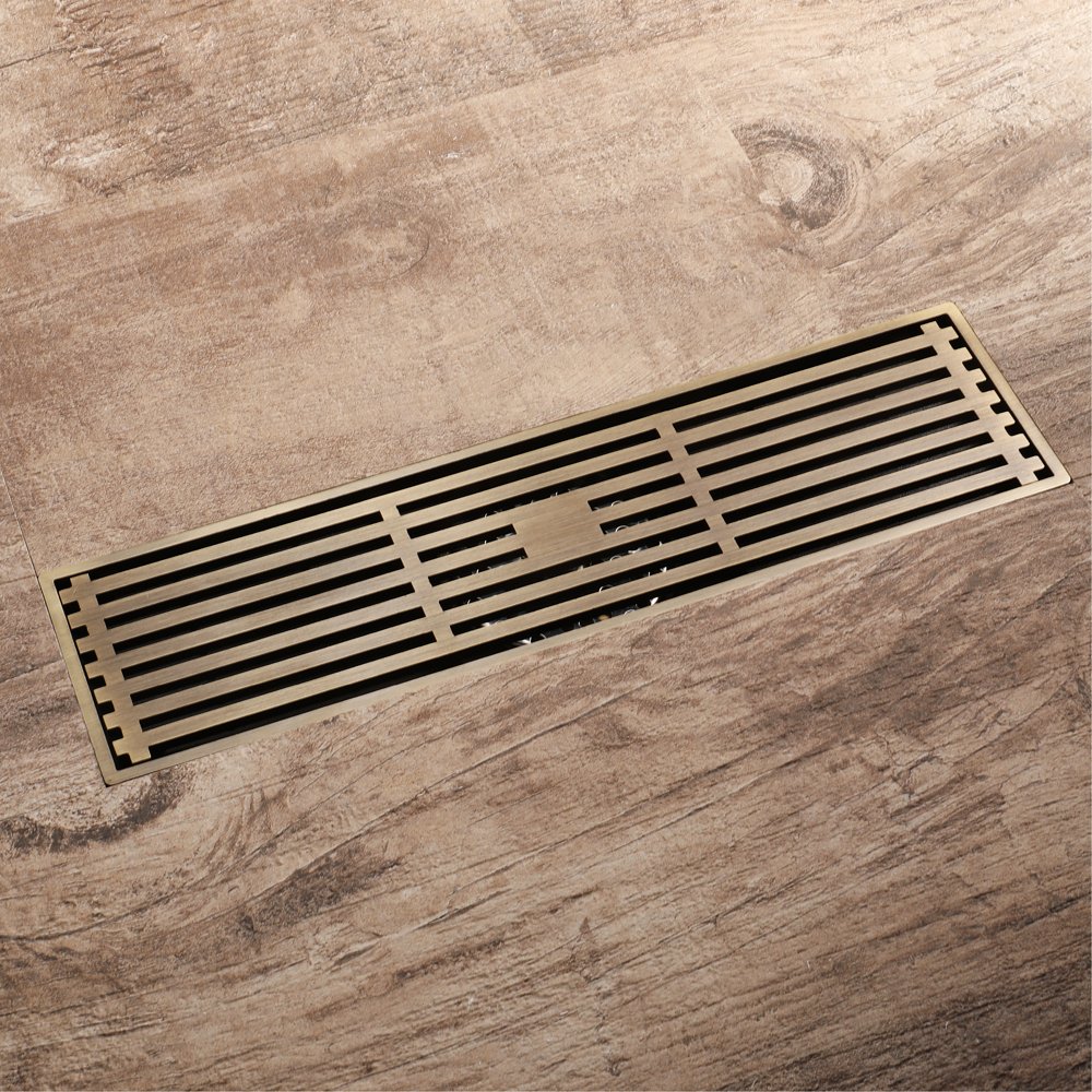 Linear Shower Drain 12 Inch with Removable Grate Brass Antique Rectangular Bathroom Floor Drain Strainers Bath Hotel Drain