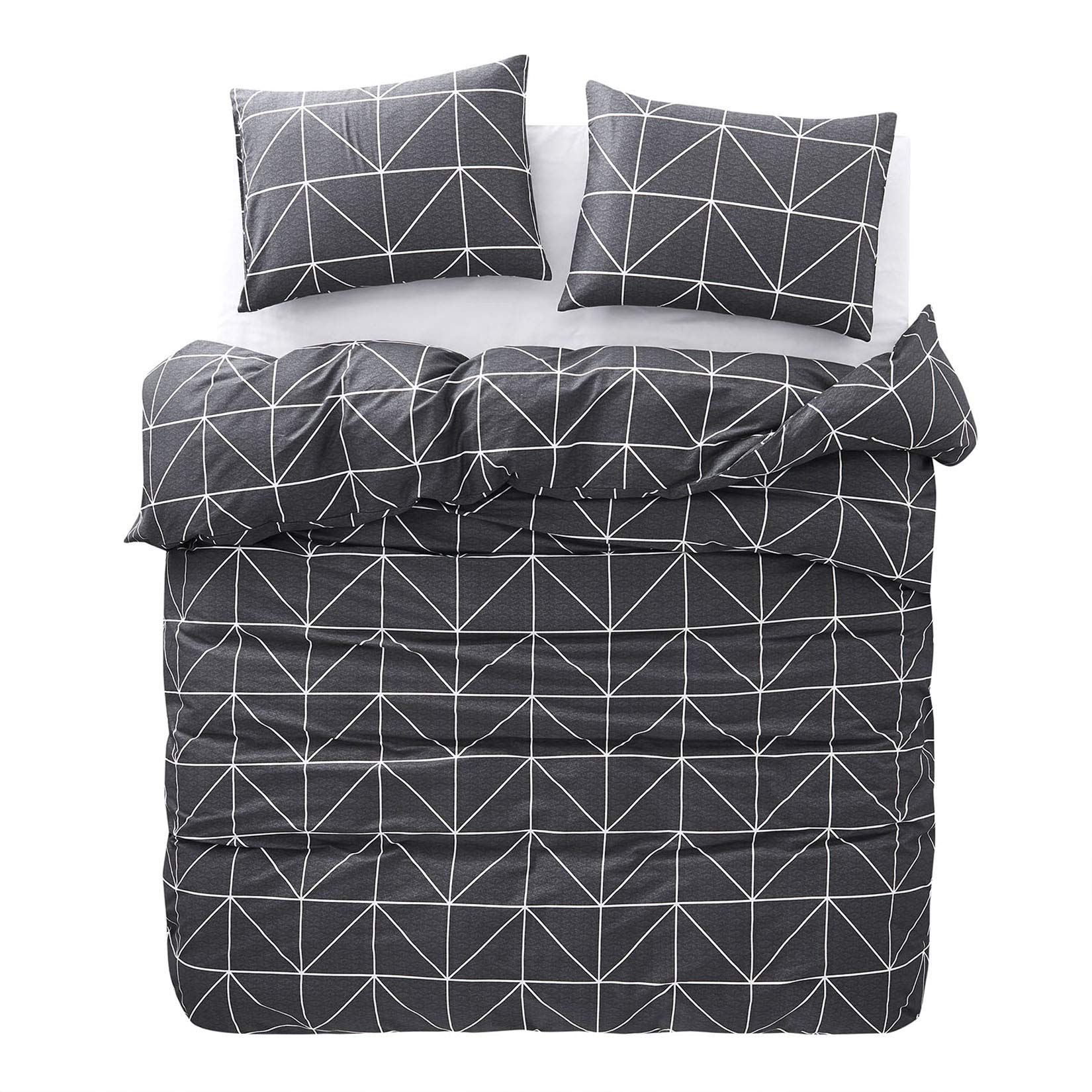 Wake In Cloud - Dark Gray Duvet Cover Set, 100% Cotton Bedding, Grey with White Geometric Pattern Printed, Zipper Closure (3pcs, Full Size)