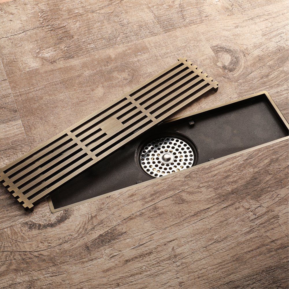 Linear Shower Drain 12 Inch with Removable Grate Brass Antique Rectangular Bathroom Floor Drain Strainers Bath Hotel Drain