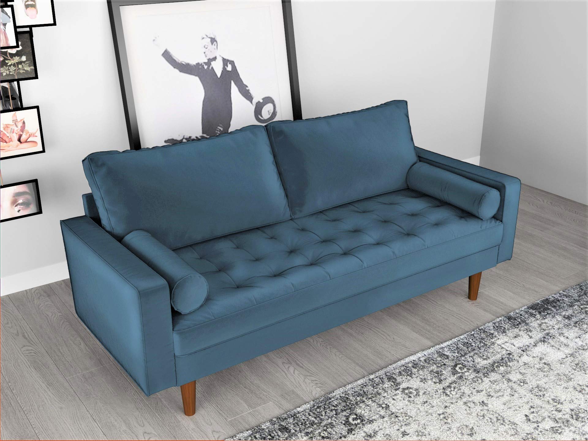 Container Furniture Direct S5456 Mid Century Modern Velvet Upholstered Tufted Living Room Sofa, 69.68", Prussian Blue