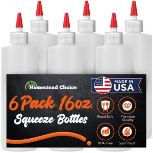 6-pack plastic squeeze bottles for sauces - 16 oz condiment squeeze bottles for liquids - made in usa - bpa free squirt bottles with cap - ketchup, syrup, oil, dressings, honey & arts and crafts