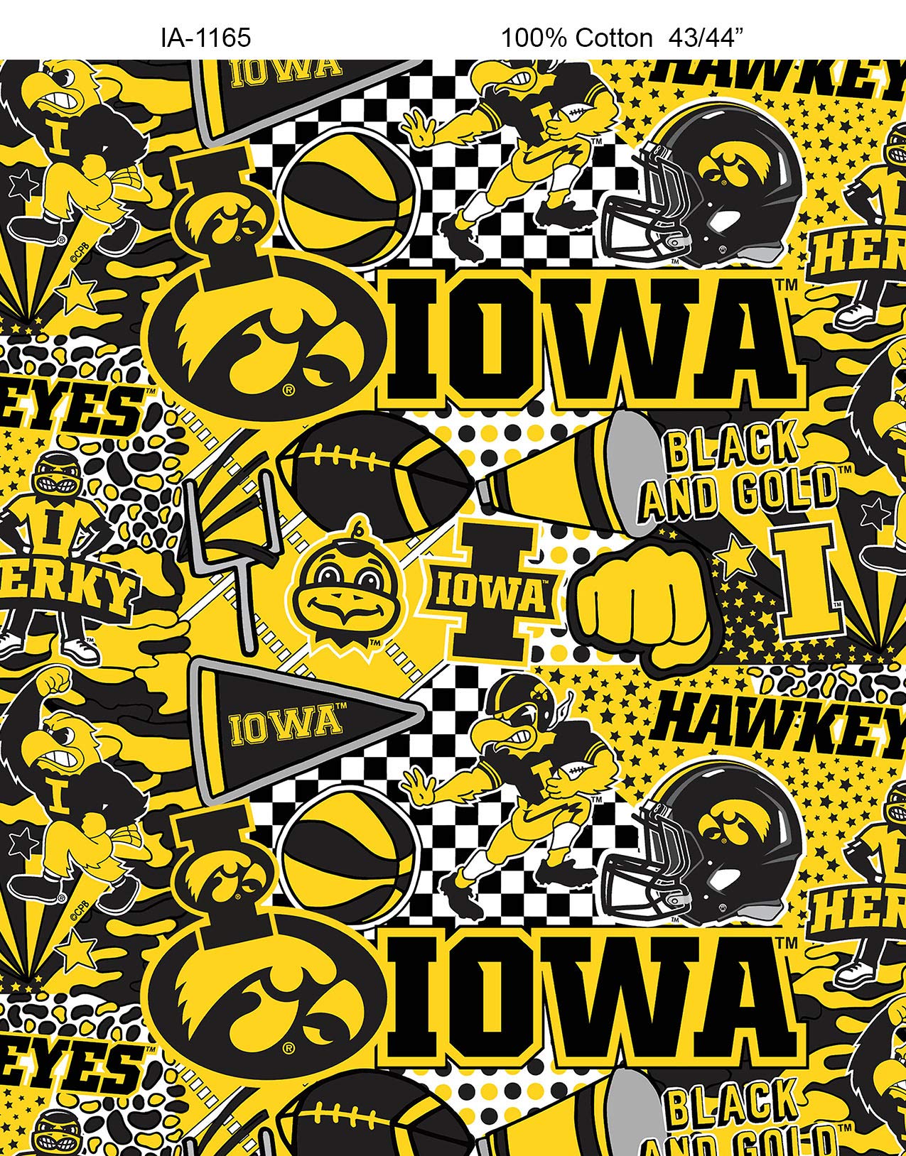 SYKEL ENTERPRISES University of Iowa Graffiti Printed Cotton Fabric with POP Art-Newest Pattern-NCAA Cotton Fabric