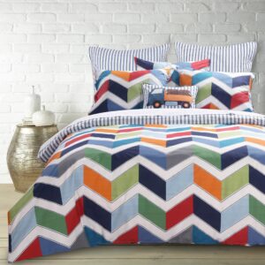 levtex home - dominik duvet cover set - full/queen duvet cover + two standard pillow cases - striped - red, green, blue, orange - duvet cover (90 x 94in.) and pillow case (26 x 20in.) - cotton