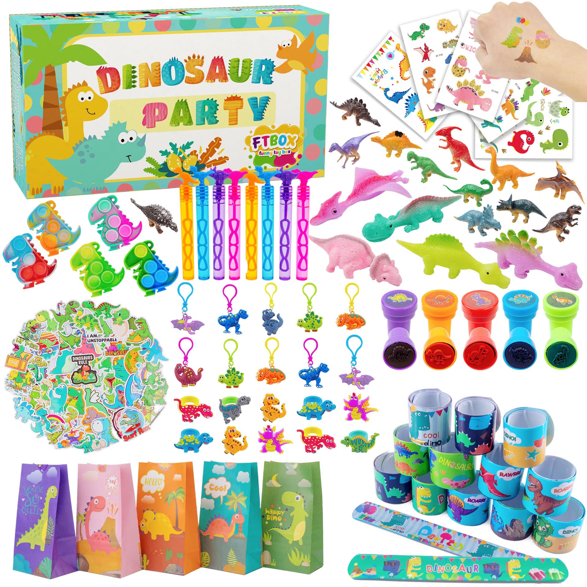 Dinosaur Party Favors, Party Favor Bags, Kids Dinosaur Birthday Party Supplies, Pop Toy, Slap Bracelets, Rings, Tattoos Stickers for Dinosaur Pinata, Graduation Gifts, Goodie Bag