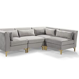 iconic home fsa9258-an girardi modular chaise sectional sofa velvet upholstered solid gold tone metal y-leg with 6 throw pillows modern contemporary, grey