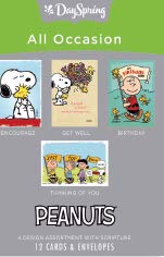 dayspring - peanuts all occasion - 4 design assortment with scripture - 12 boxed cards and envelopes (encourage, get well, birthday and thinking of you) (15081)