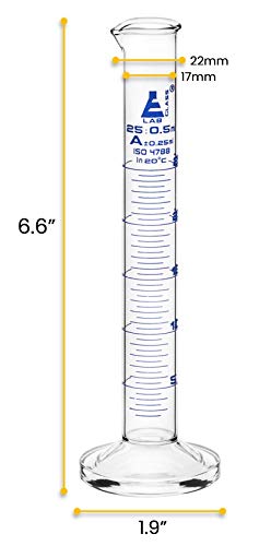 EISCO Graduated Cylinder, 25ml - Class A Tolerance ±0.25ml - Round Base - Blue Graduations - Borosilicate 3.3 Glass