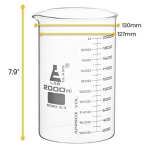 EISCO Beaker, 2000ml - ASTM - Low Form with Spout - Dual Scale, White Graduations - Borosilicate 3.3 Glass