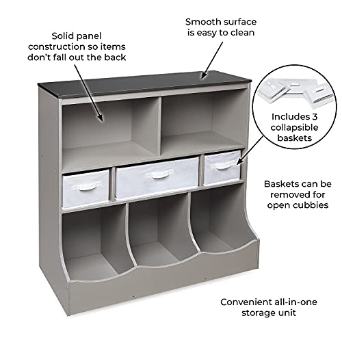 Badger Basket Combo Bin Toy Storage Unit and Book Shelf for Kids with 3 Baskets - Woodgrain/Gray