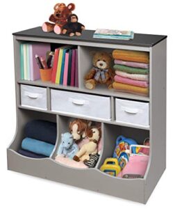 badger basket combo bin toy storage unit and book shelf for kids with 3 baskets - woodgrain/gray