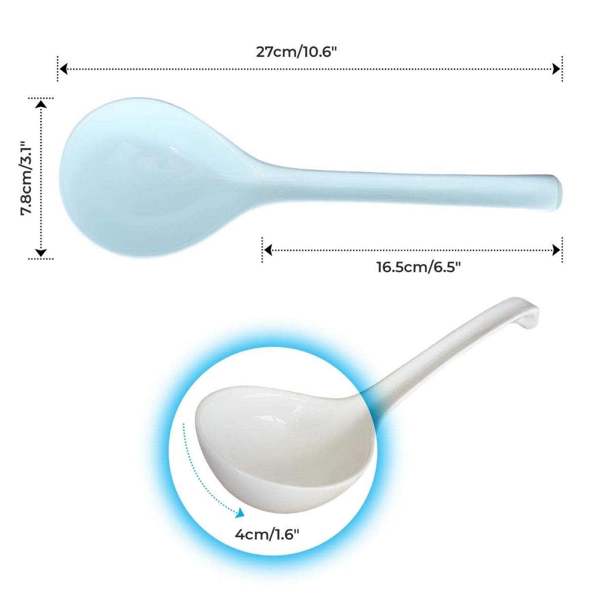 LeBlue 1-Pack Asian Chinese Reusable Dishwasher Microwave Safe 10.6" Big Henry Serving Soup Spoons Ladle, White Bone China Porcelain Ceramics