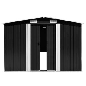 'vidaXL Metal Garden Shed in Anthracite - Spacious Steel Construction with Front and Back Vents, Double Sliding Doors for Easy Access - 101.2"x192.5"x71.3"