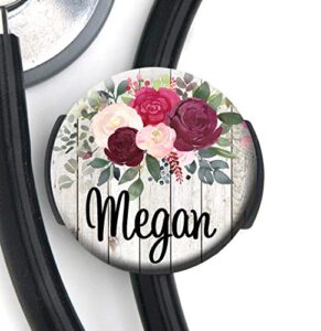 stethoscope tag - burgundy rose floral - personalized name - steth id tag/nurse badge