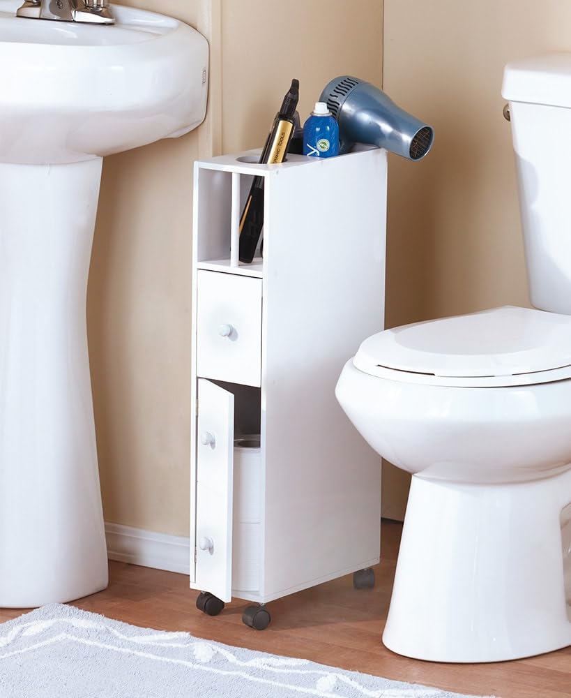 Slender Space-Saving Bathroom Organizer with Top Openings - White