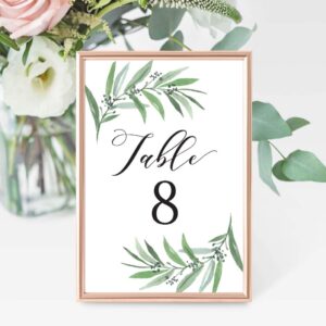 1-25 Greenery Eucalyptus Table Number Double Sided Signs For Wedding Reception, Restaurant Birthday Party Calligraphy Printed Numbered Card Centerpiece Decoration Setting Reusable Frame Stand 4x6 Size