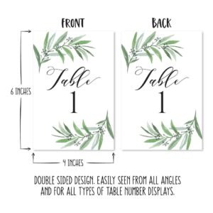 1-25 Greenery Eucalyptus Table Number Double Sided Signs For Wedding Reception, Restaurant Birthday Party Calligraphy Printed Numbered Card Centerpiece Decoration Setting Reusable Frame Stand 4x6 Size