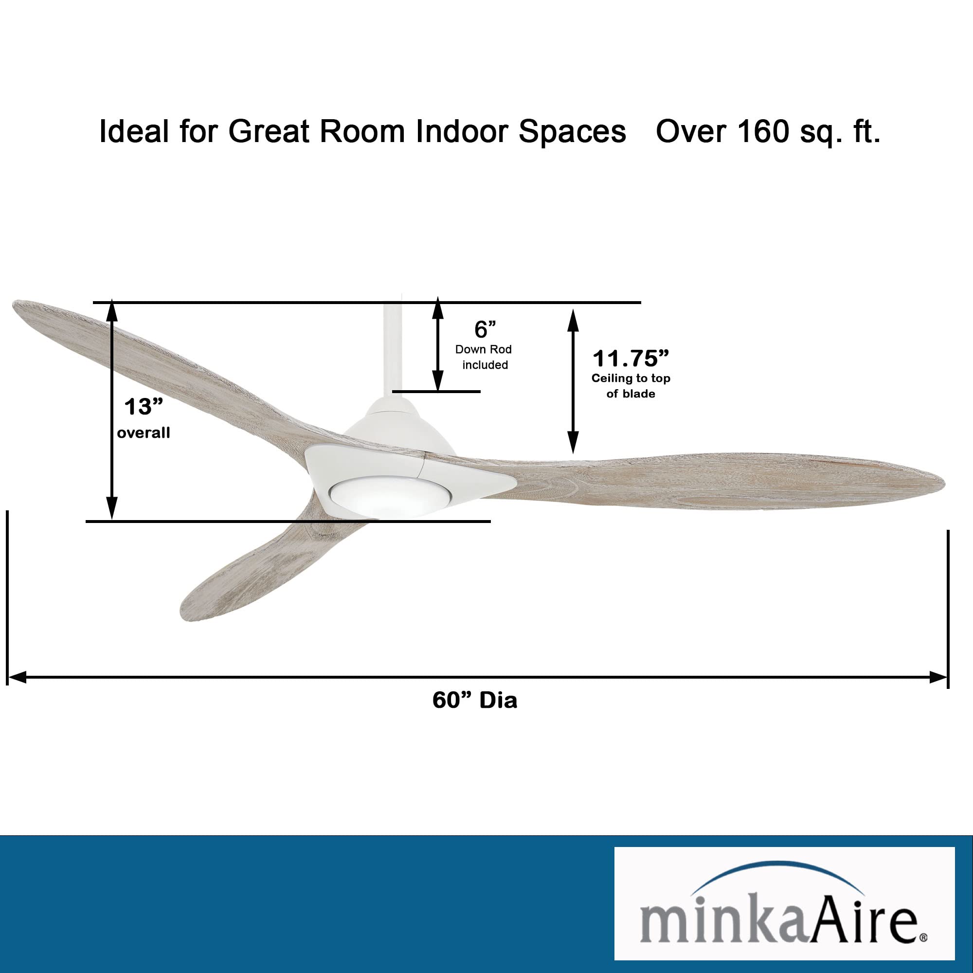 Minka Aire F868L-WHF Sleek 60" Ceiling Fan with LED Light and Remote Control, Flat White