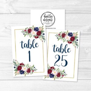 Hadley Designs 1-25 Burgundy Floral Table Number Double Sided Signs For Wedding, Restaurant Birthday Party Set Calligraphy Printed Numbered Card Centerpiece Decoration Reusable Frame Stand 4x6 Size