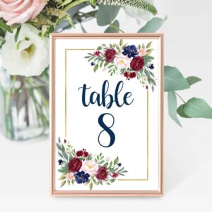 Hadley Designs 1-25 Burgundy Floral Table Number Double Sided Signs For Wedding, Restaurant Birthday Party Set Calligraphy Printed Numbered Card Centerpiece Decoration Reusable Frame Stand 4x6 Size