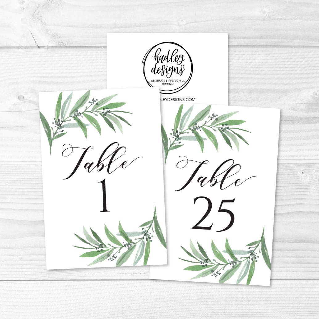 1-25 Greenery Eucalyptus Table Number Double Sided Signs For Wedding Reception, Restaurant Birthday Party Calligraphy Printed Numbered Card Centerpiece Decoration Setting Reusable Frame Stand 4x6 Size