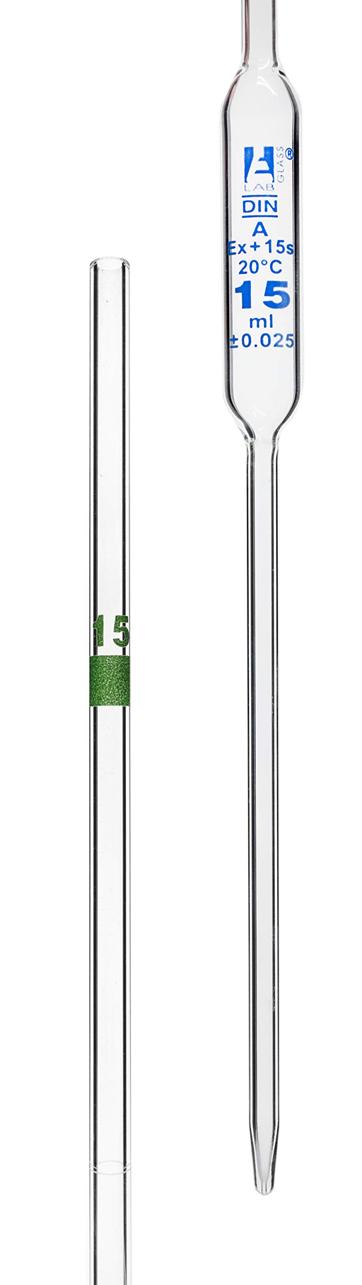 EISCO Volumetric Pipette, 15mL - Class A Blue Markings Green Coded Borosilicate Glass- Eisco Labs