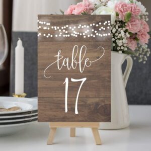 Hadley Designs 1-25 Rustic Wood Lights Table Number Double Sided Signs For Wedding Reception, Restaurant, Birthday Party Calligraphy Printed Numbered Card Centerpiece Reusable Frame Stand 4x6 Size