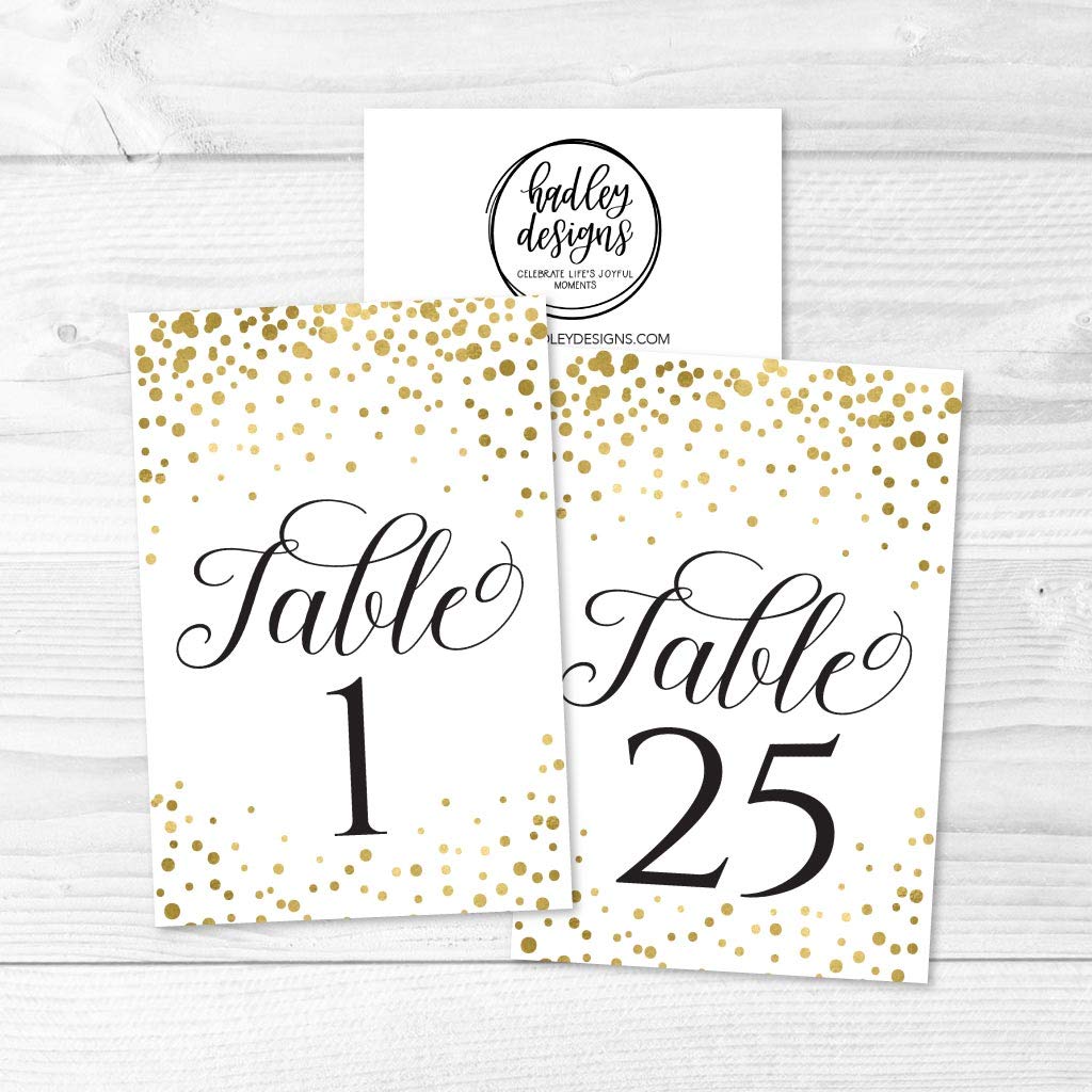 Hadley Designs Gold Table Numbers 1-20, Wedding Table Numbers, Table Numbers for Wedding Reception Centerpiece, Black and Gold table numbers, Double Sided Table Number Cards - 4 x 6 Inches