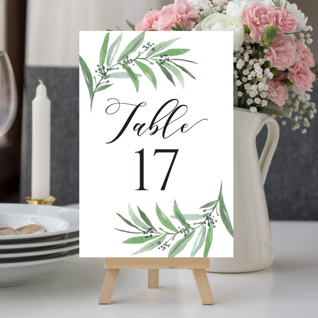 1-25 Greenery Eucalyptus Table Number Double Sided Signs For Wedding Reception, Restaurant Birthday Party Calligraphy Printed Numbered Card Centerpiece Decoration Setting Reusable Frame Stand 4x6 Size