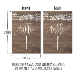 Hadley Designs 1-25 Rustic Wood Lights Table Number Double Sided Signs For Wedding Reception, Restaurant, Birthday Party Calligraphy Printed Numbered Card Centerpiece Reusable Frame Stand 4x6 Size