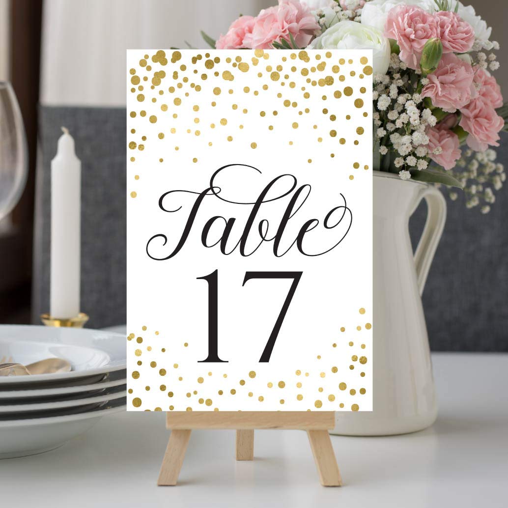 Hadley Designs Gold Table Numbers 1-20, Wedding Table Numbers, Table Numbers for Wedding Reception Centerpiece, Black and Gold table numbers, Double Sided Table Number Cards - 4 x 6 Inches