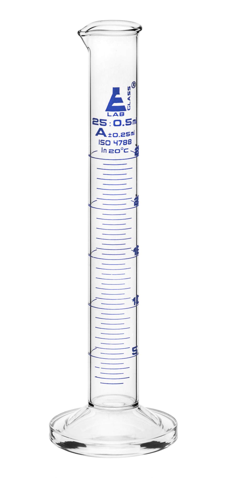 EISCO Graduated Cylinder, 25ml - Class A Tolerance ±0.25ml - Round Base - Blue Graduations - Borosilicate 3.3 Glass